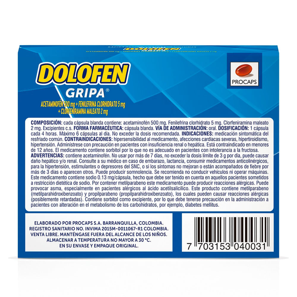 Dolofen Gripa 500G/5Mg/2Mg X 10 Capsulas Liquidas - Muy Bacano